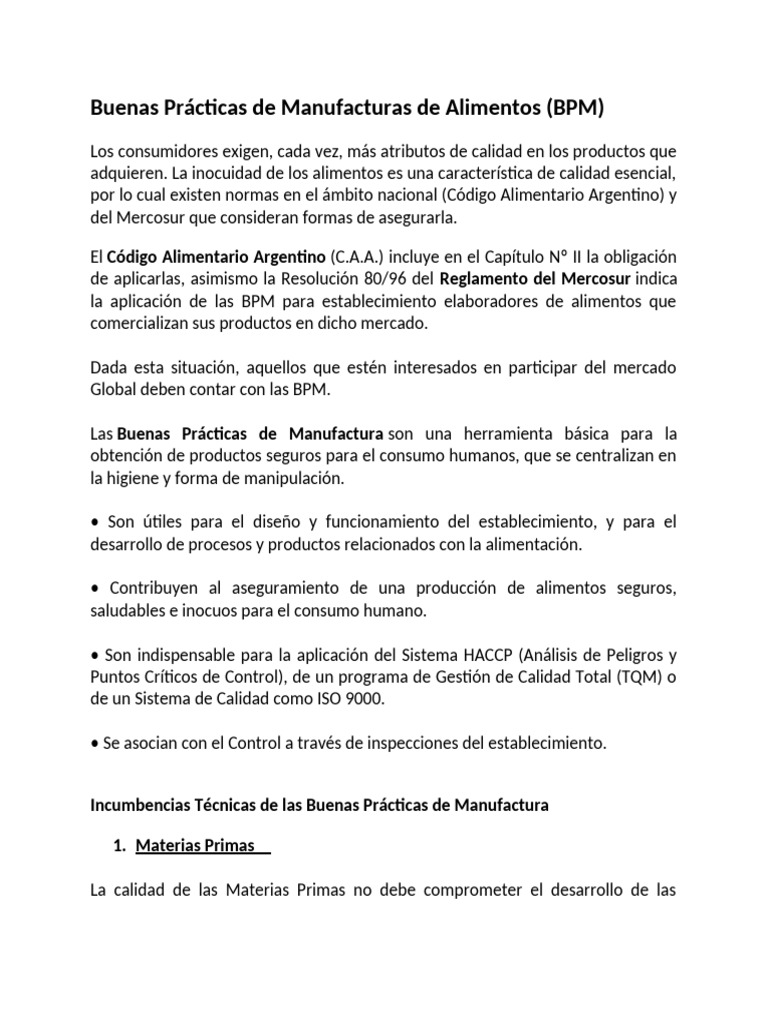 Buenas Prácticas de Manufacturas de Alimentos | PDF