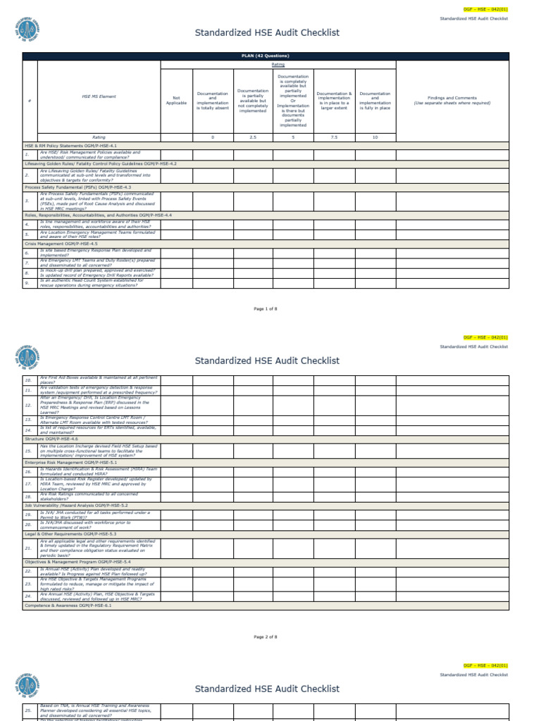 Standardized Hse Audit Checklist (Ogf-Hse-042-01) | PDF