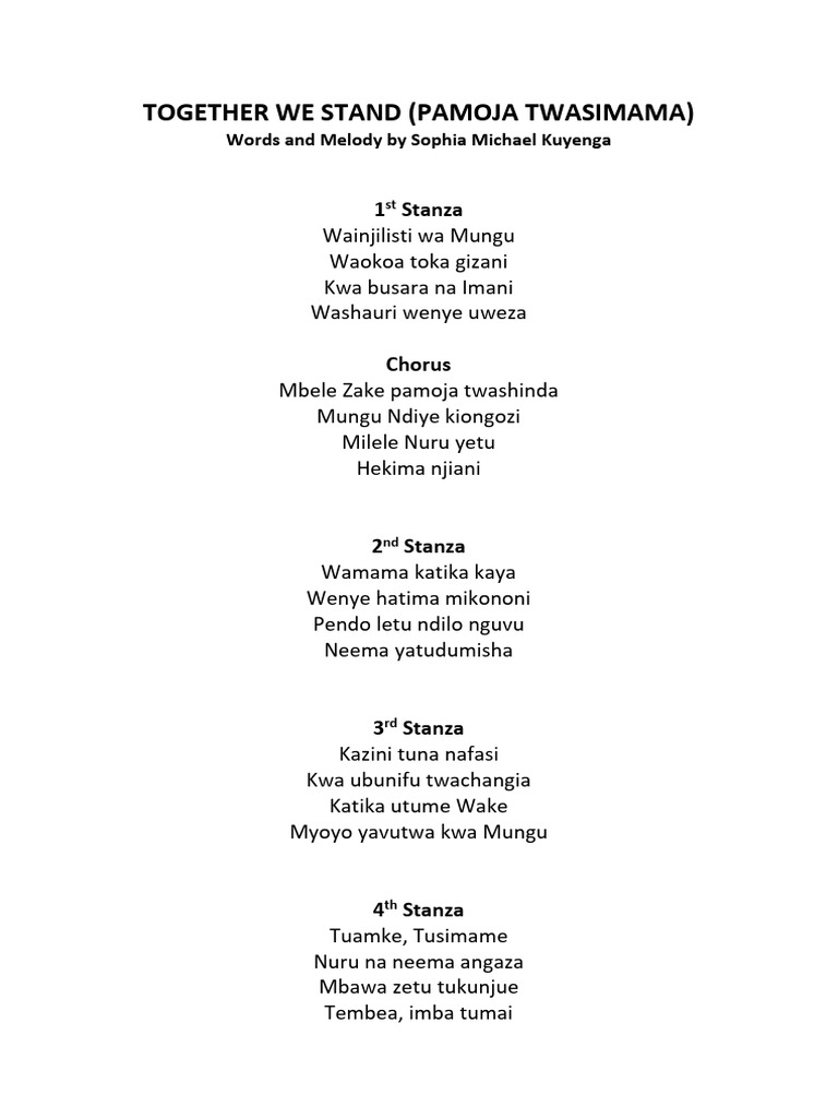 TOGETHER WE STAND Womens Congress Song 2024 Kiswahili Translation | PDF