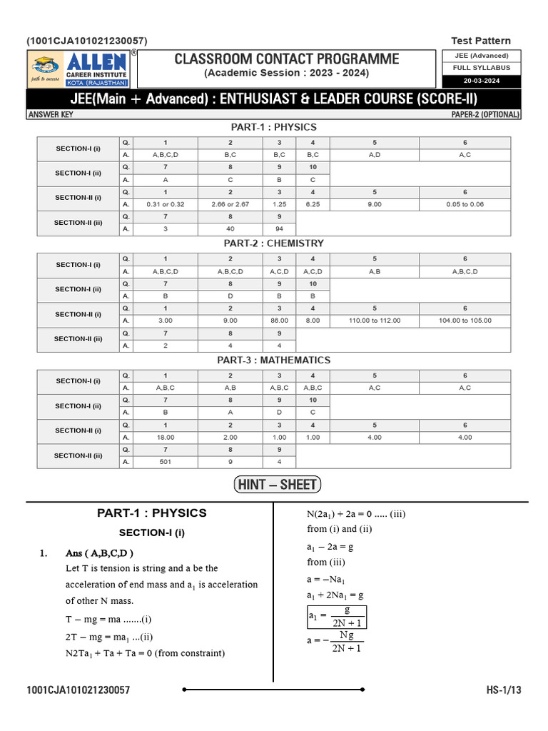 2003 - Enthusiast & Leader - Score-II - Answerkey & Solution-2 | PDF