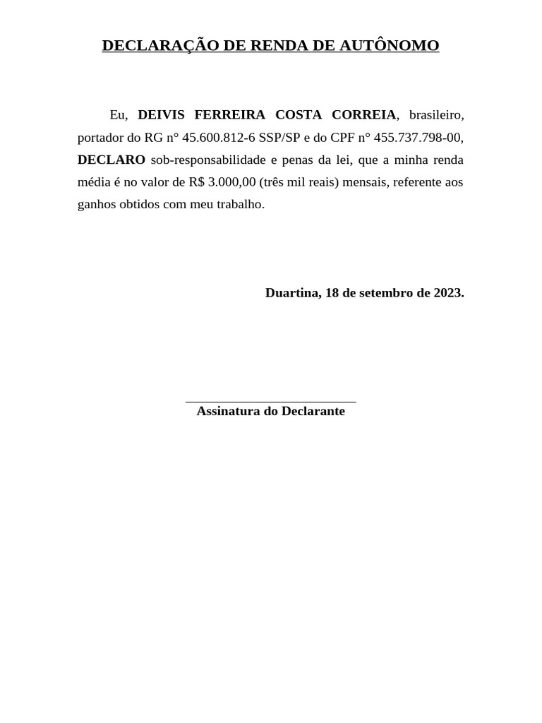 Declaração de Renda de Autônomo | PDF