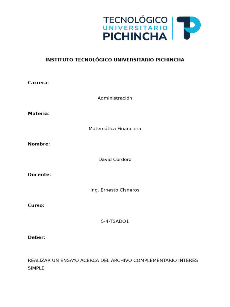 Deber #6 Realizar Un Ensayo Acerca Del Archivo Complementario Interés Simple | PDF