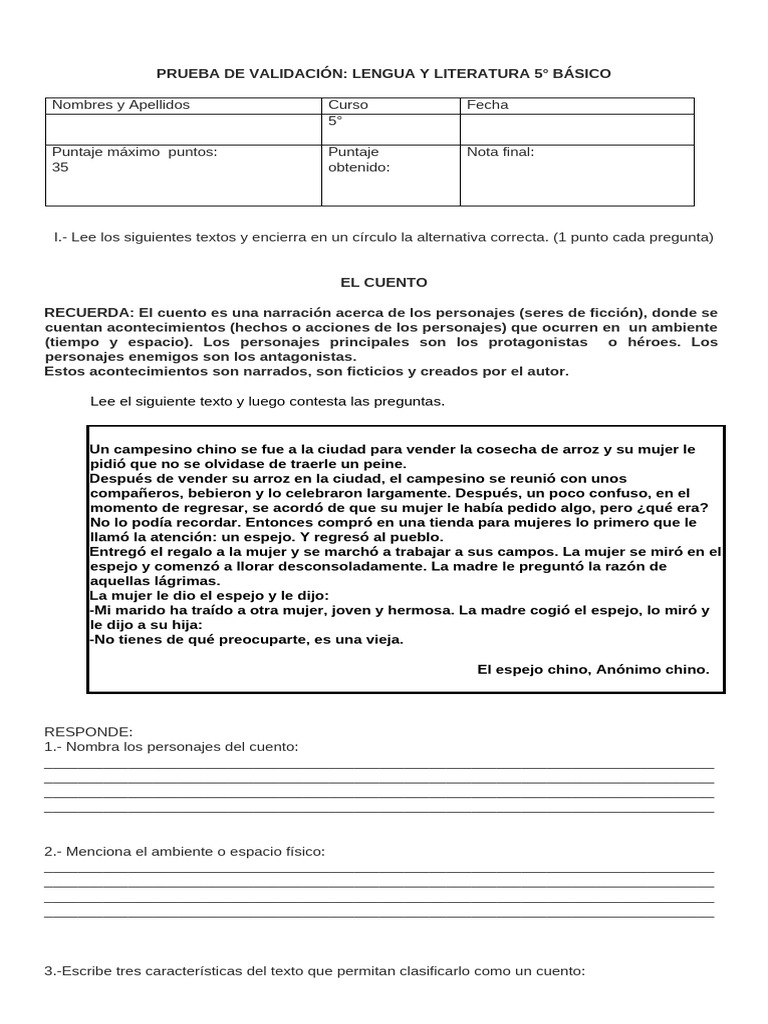 Prueba Validación Lenguaje-5º | PDF | Color | Poesía