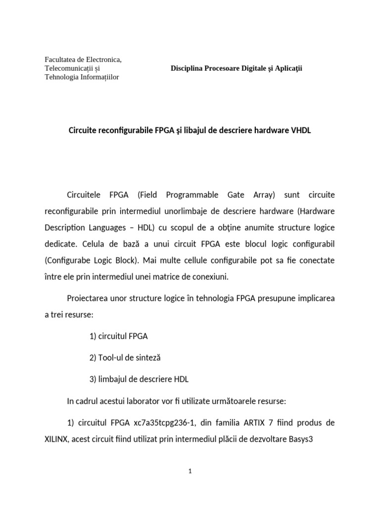 Laborator 1 FPGA VHDL 1 | PDF