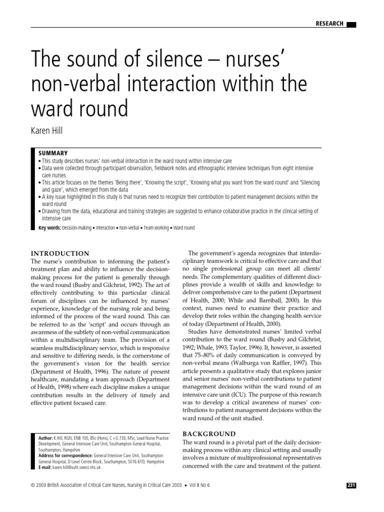 Nursing in Critical Care - 2003 - Hill - The Sound of Silence Nurses ...