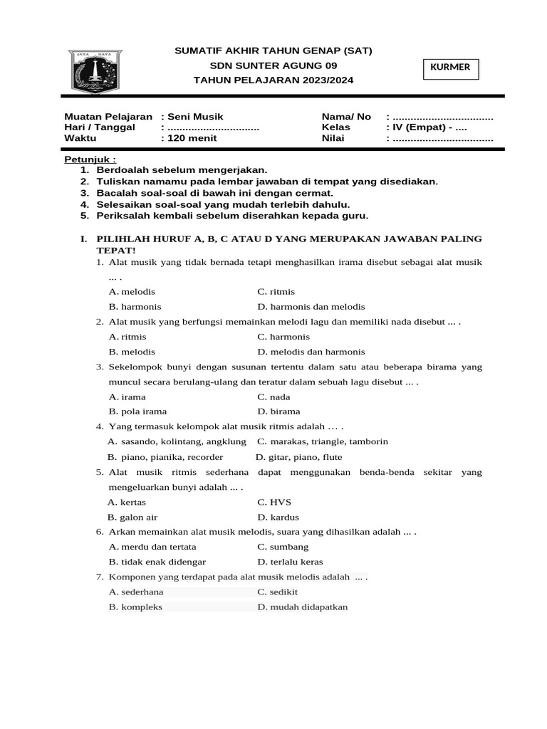 Soal Sumatif Akhir Tahun Genap (Sat) Seni Musik Kelas 4 TP.2023-2024. | PDF