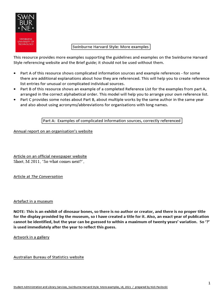 Swinburne Harvard Referencing Guide Exemplar 2021 | PDF