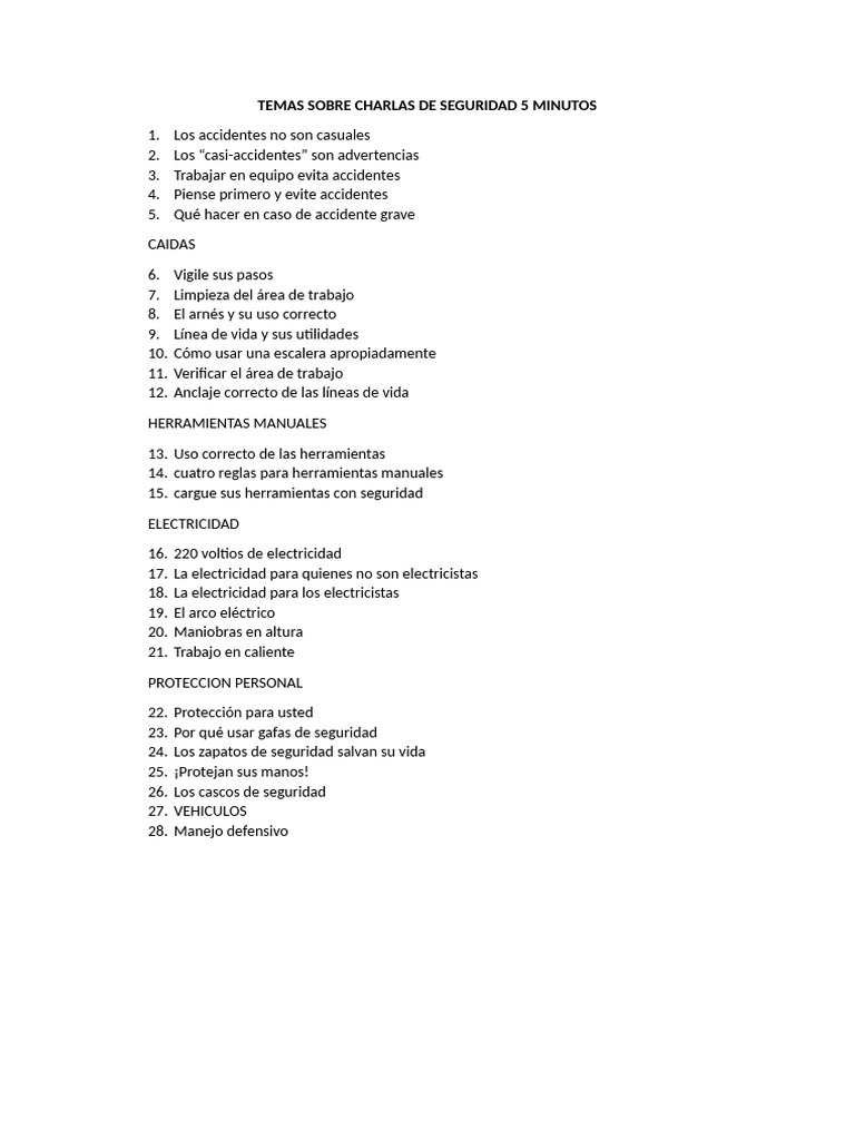 Temas Charlas de Seguridad de 5 Minutos | PDF | Negocios | Hogar ...
