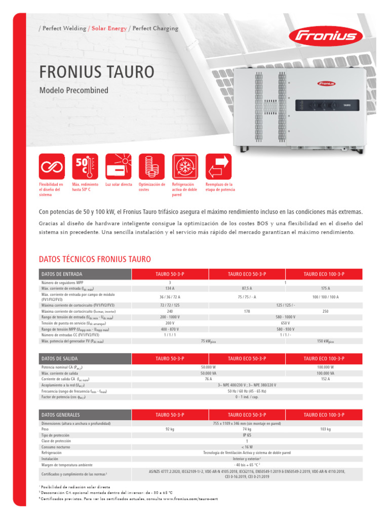 Ficha-Tecnica-Tauro-Fronius-50kw - 100kw | PDF