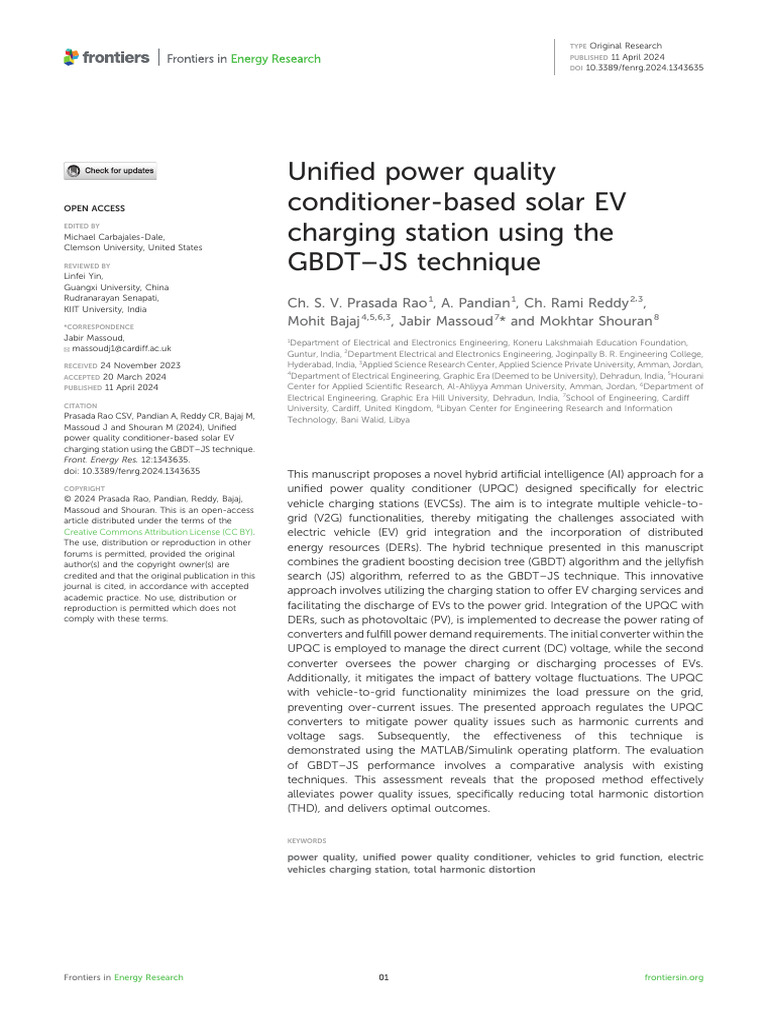 Unified Power Quality Conditioner-Based Solar EV Charging Station Using The GBDT-JS Technique | PDF