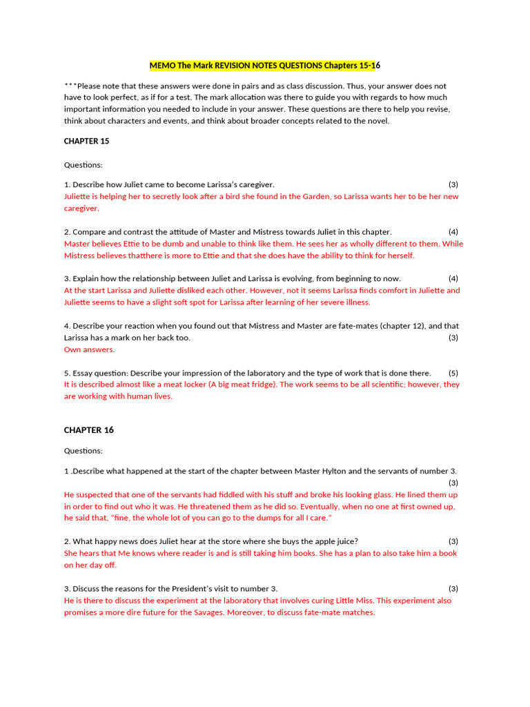 Memo The Mark Revision Notes Questions Chapters 15-16 | PDF