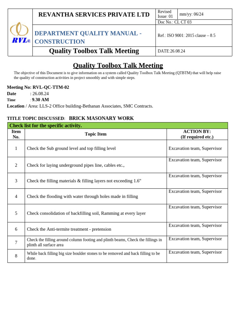 form work-Quality-Tool-Box-Meeting - Copy | PDF
