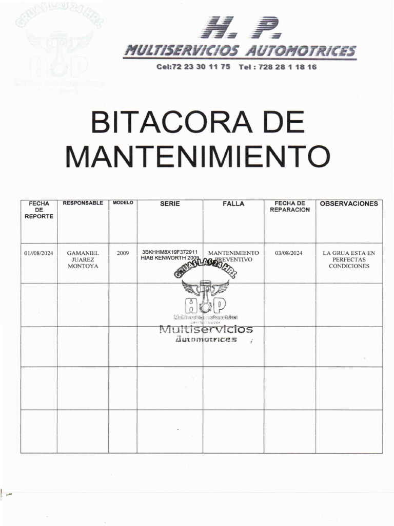 Bitacora de Mantenimiento Hiab | PDF