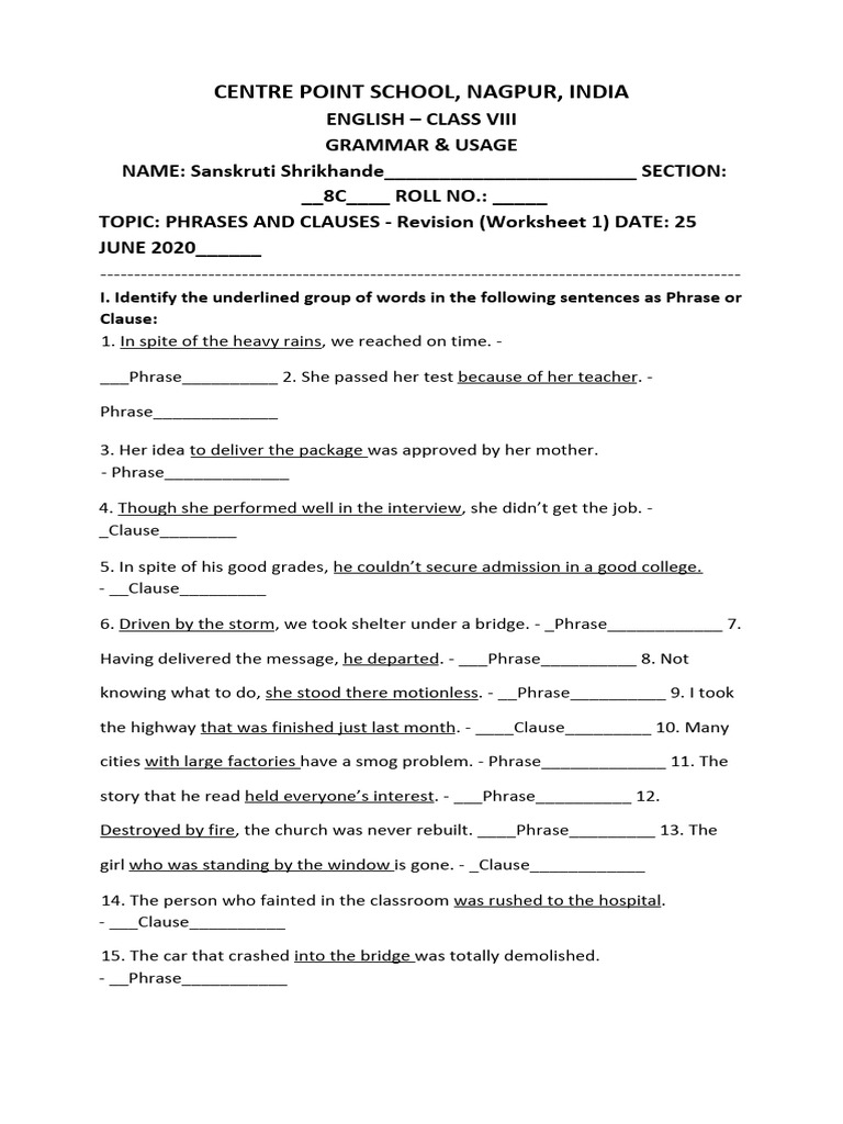 English Phrases and Clauses Assignment | PDF