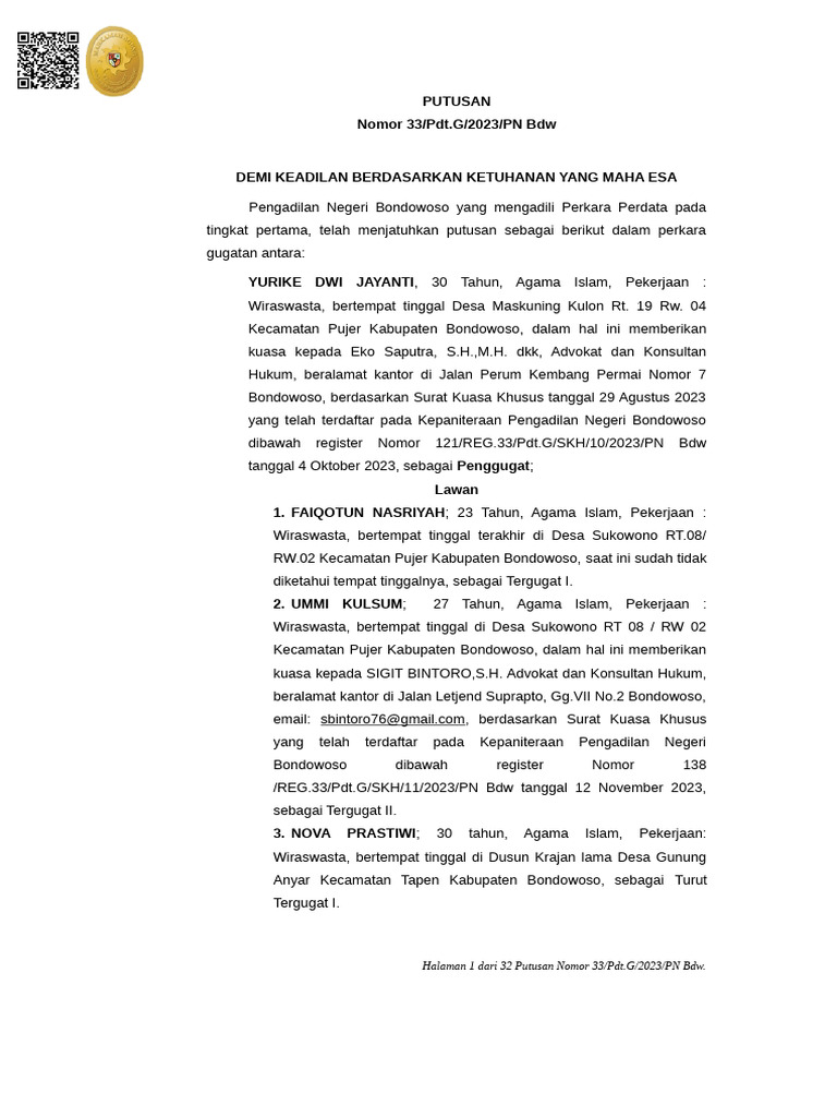Putusan 33 PDT.G 2023 PN BDW 20240909145344 | PDF