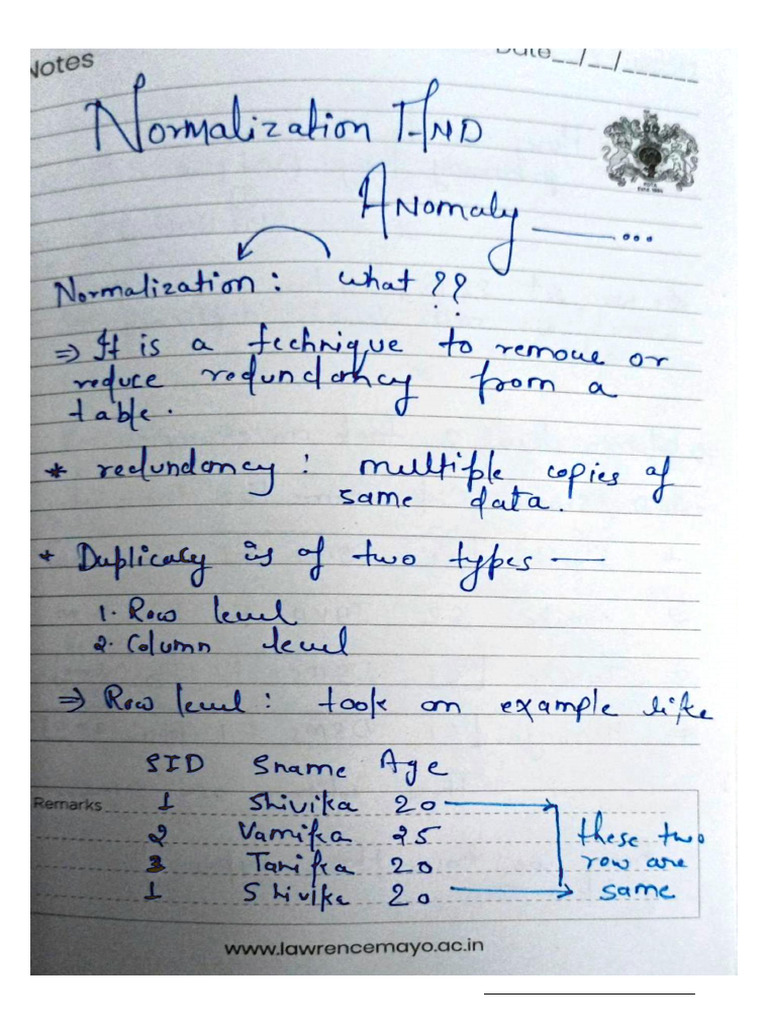 Normalization and Anamoly (Revision Notes) | PDF