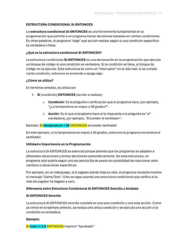 Tema 3. Estructura Condicional SI Esntonces | PDF