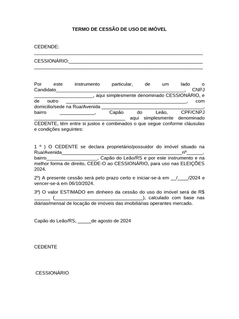 Termo De Cessão De Uso De Imóvel Pdf