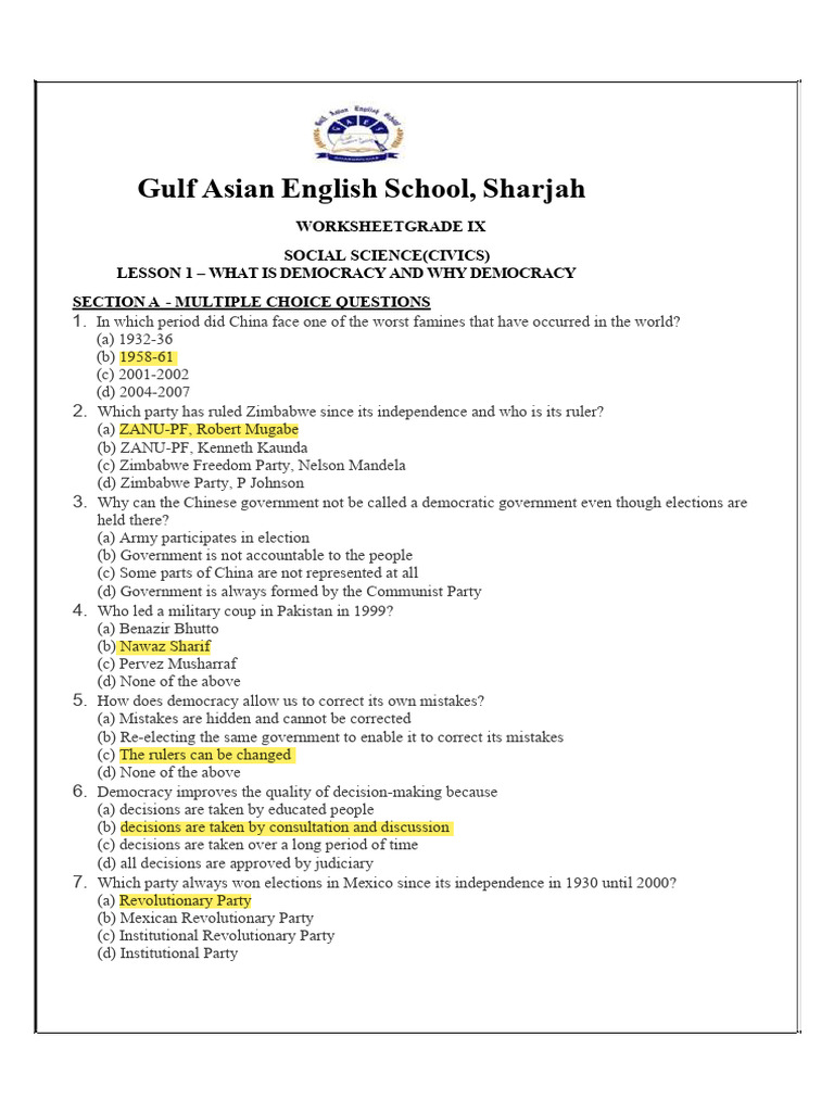 Democracy Worksheet Grade 9 Worksheet | PDF