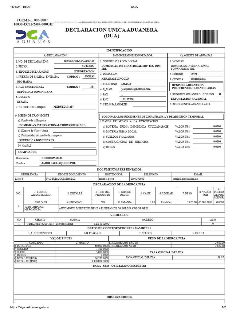 Declaracion Unica Aduanera (DUA) : FORM - No. 003-2007 | PDF