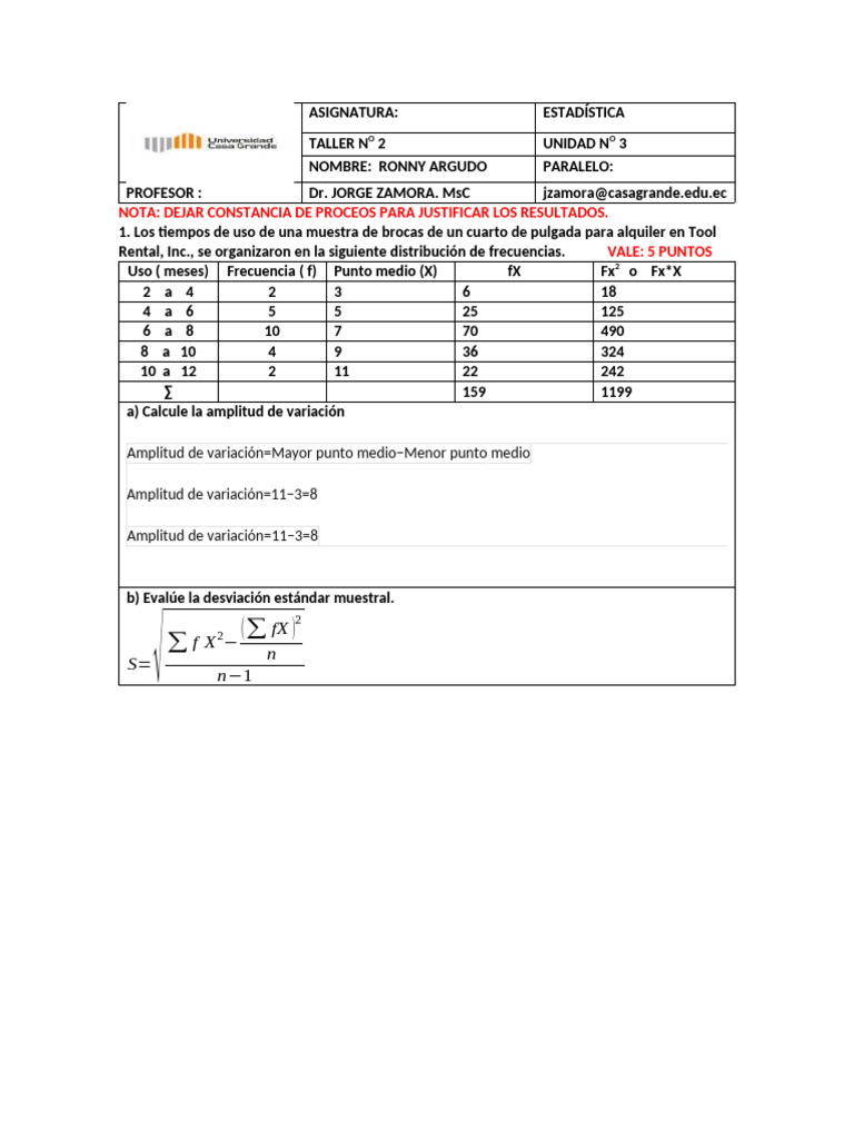 Taller # 2 Unidad # 3 Medidas de Dispersiã - N.. | PDF