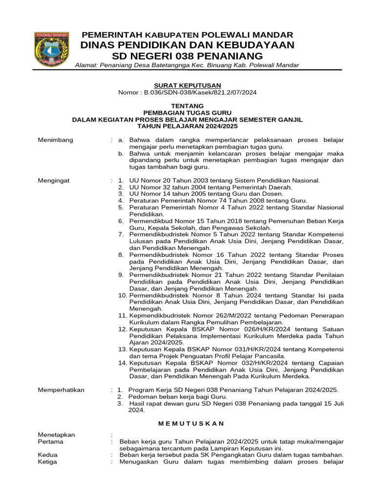 SK Pembagian Tugas 2024-2025 | PDF