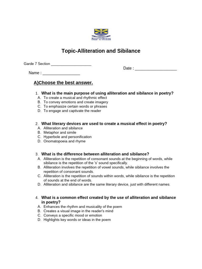 Alliteration and Sibilance Worksheet | PDF