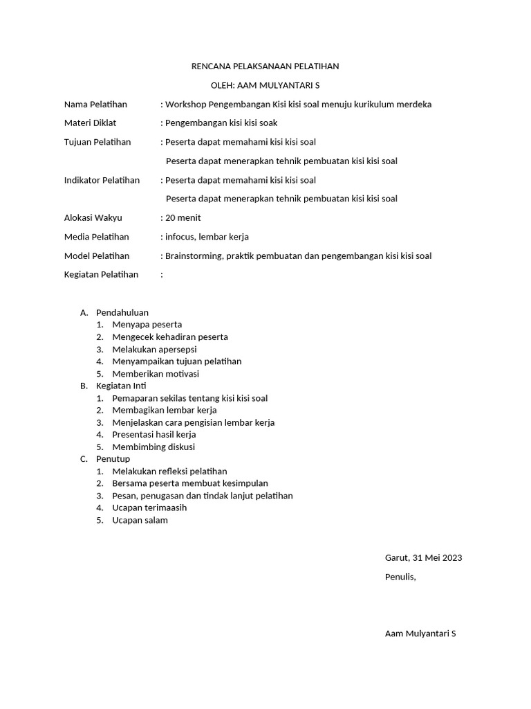 RENCANA PELAKSANAAN PELATIHAN - Aam | PDF