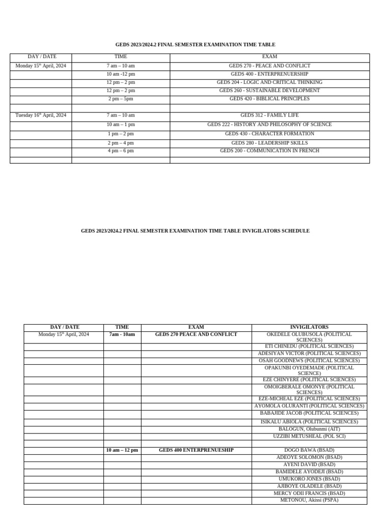 SCES 2023 2024 Second Semester 200 To 400 level Tentative Exam ... SCES 2023 2024 Second Semester 200 To 400 level Tentative Exam ...