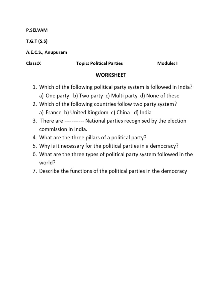 Class 10 C7 Political Parties Module 1 Worksheet | PDF