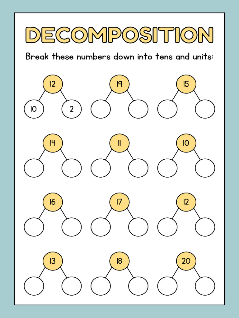 Decomposition Grade 1 Mathematics Worksheet in Green Yellow Simple Style | PDF