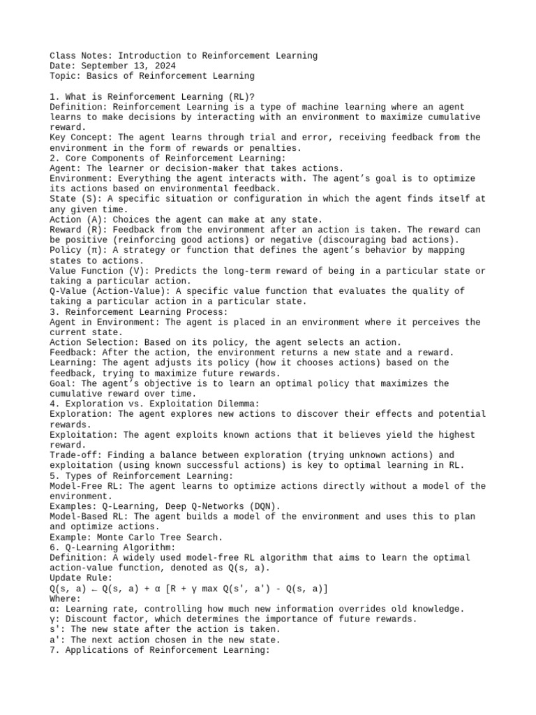 Class Notes Introduction to Reinforcement Learning | PDF