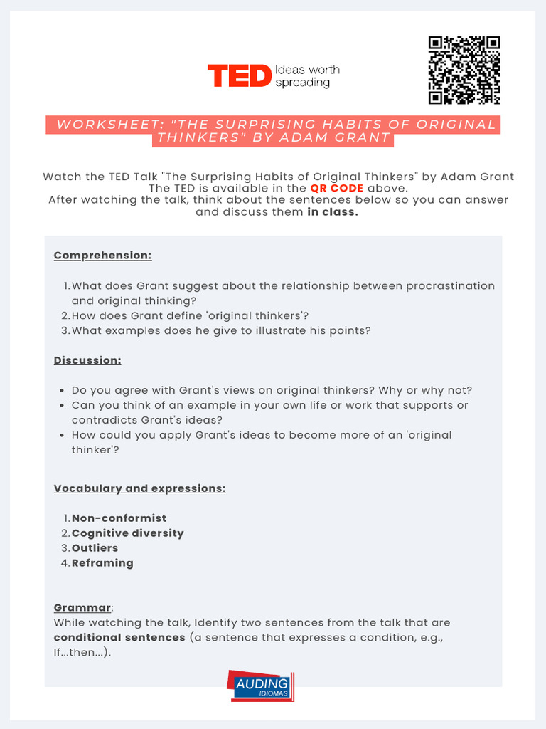 TED Worksheet - The Surprising Habits of Original Thinkers by Adam ...