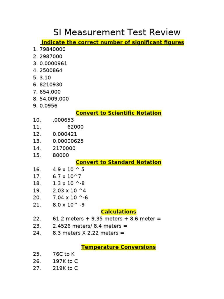 SI Measurement Test Review | PDF