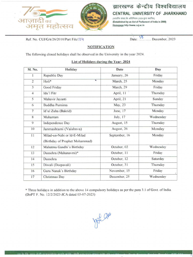 CUJ Notification No. 114 Dated 18.12.2023 Regarding List of Holiday of ...