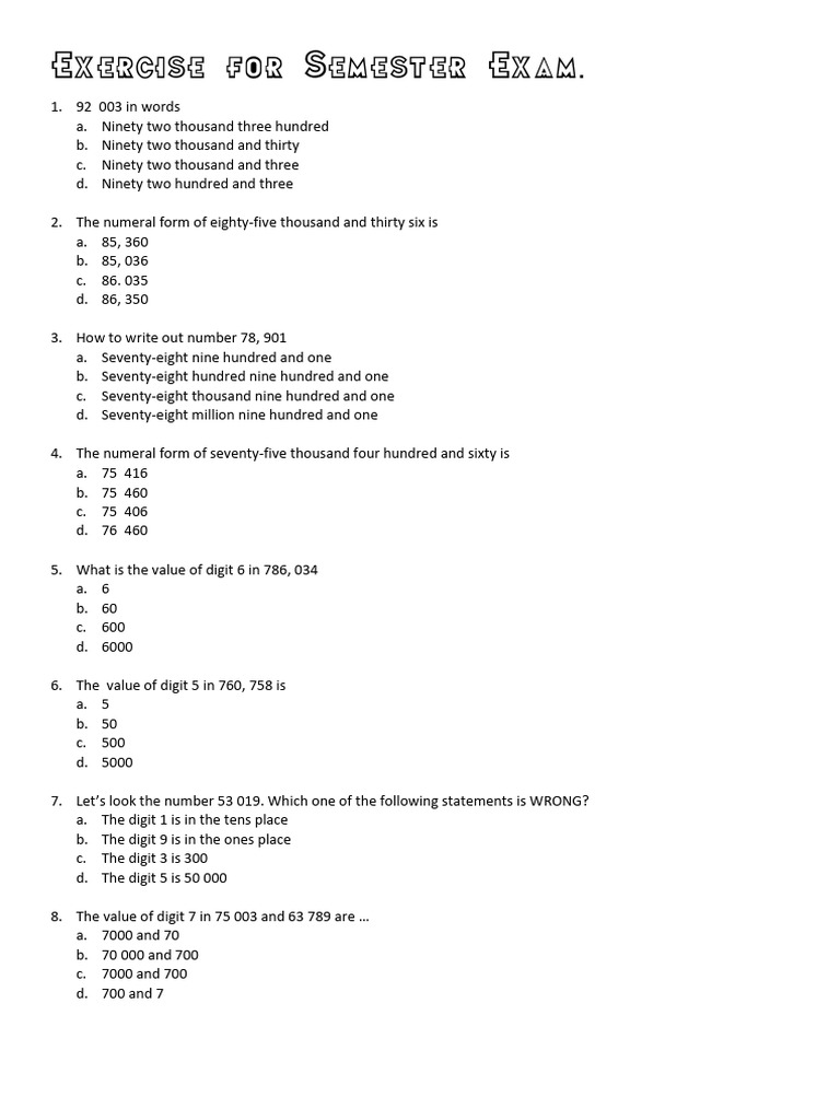 Exercise For Semester Exam | PDF