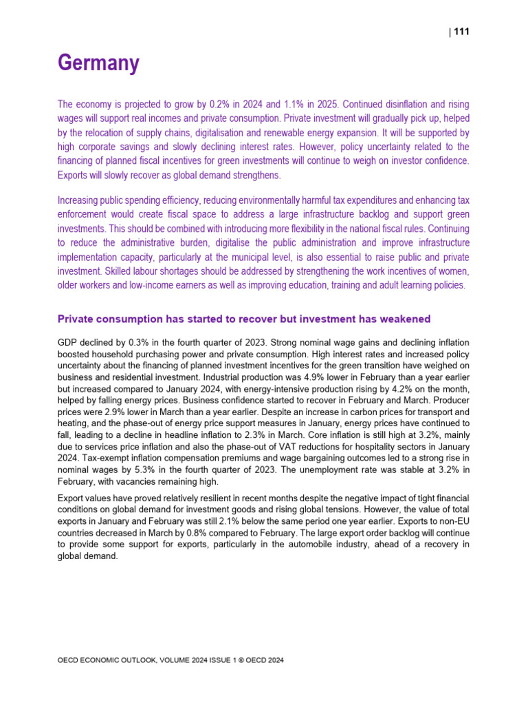 Germany's Economic Outlook 2024 | PDF | Inflation | Business