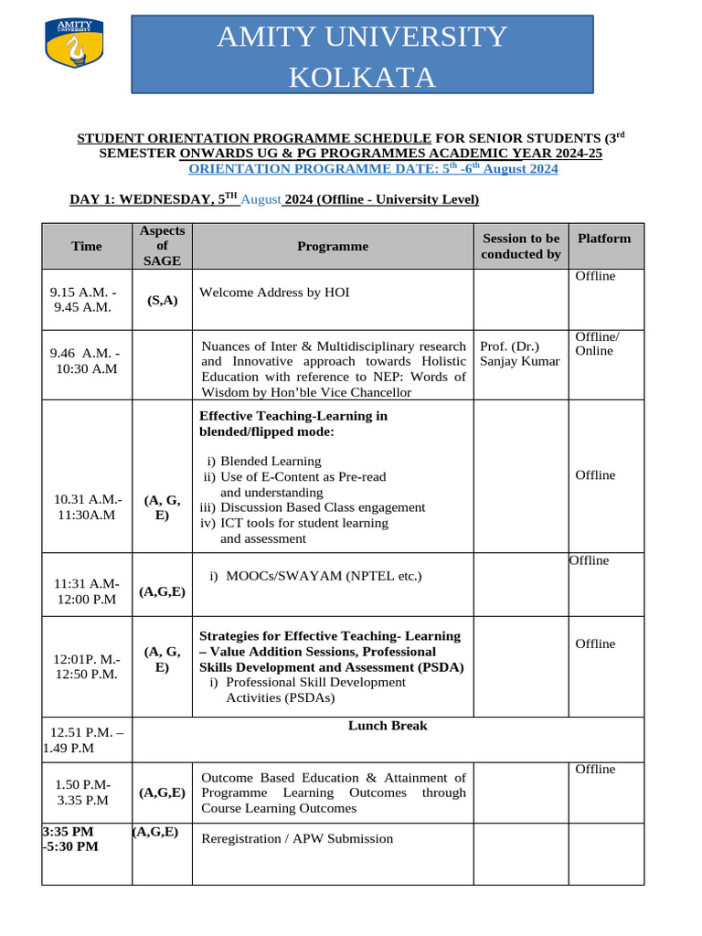 Student Orientation Programme Schedule For Senior Students | PDF