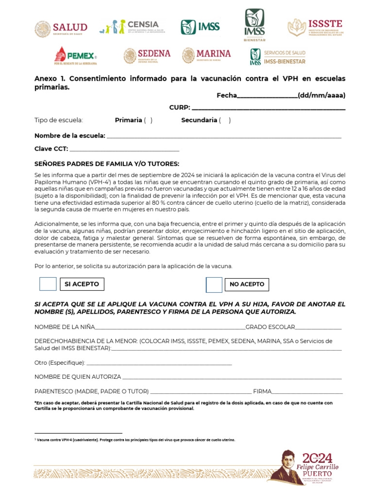 Consentimiento Informado - VPH - 2024 (Con CCT) | PDF