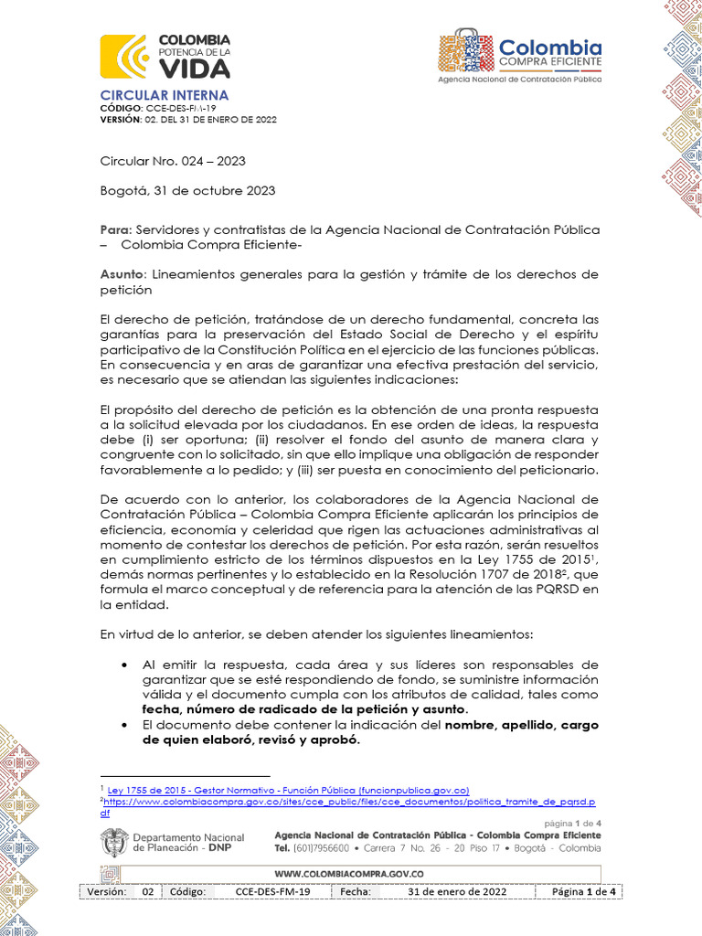 Circular 024 de 2023 Lineamientos Generales para La Gestión y Trámite de Los Derechos de ...