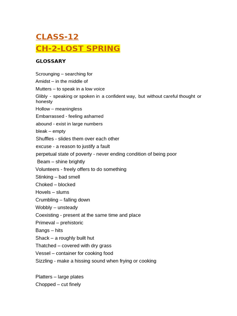 CLASS-12 Ch-2-Lost Spring: Glossary | PDF