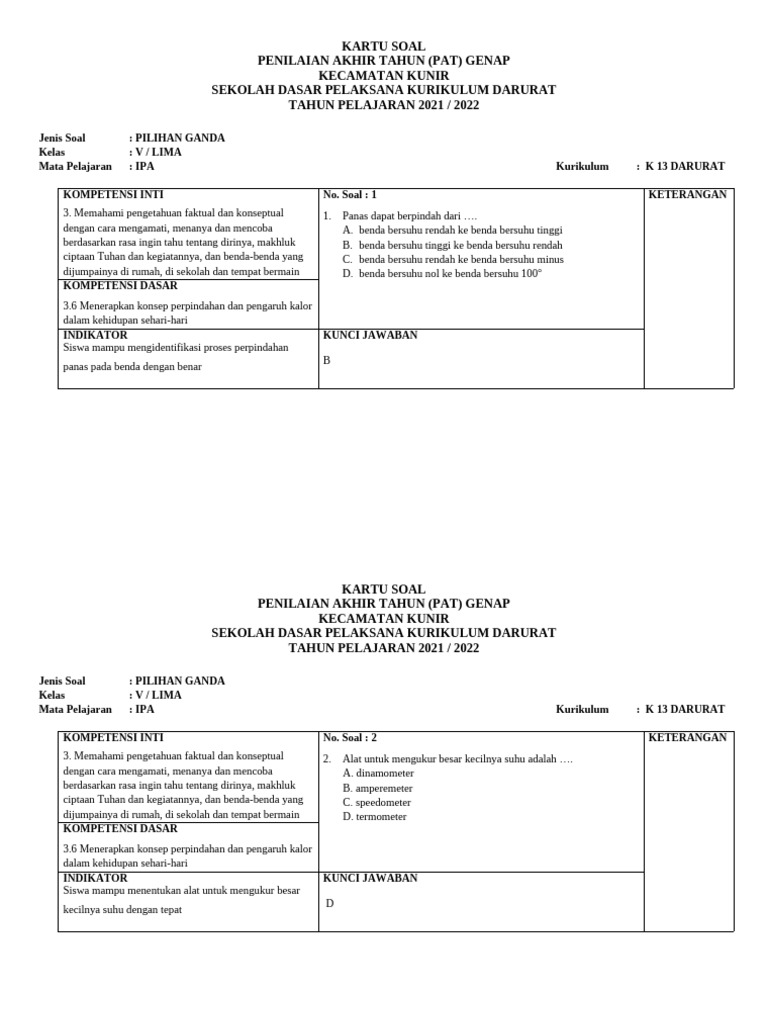 Kartu Soal Pat Ipa | PDF