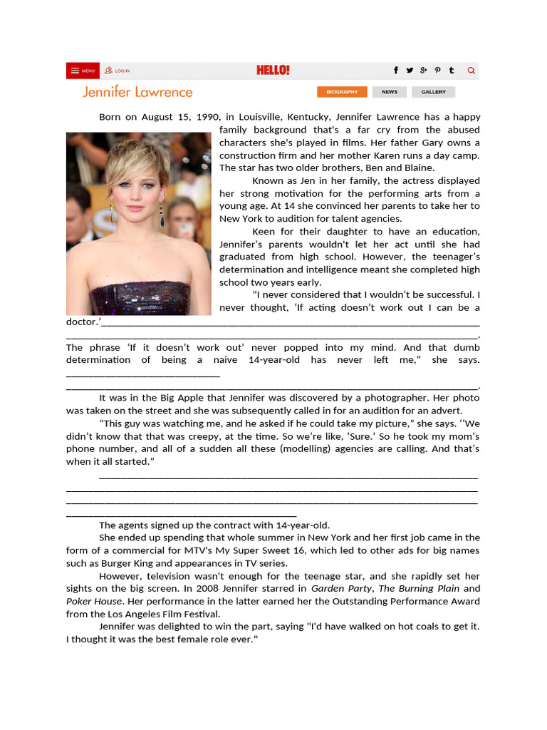 celebrities-jennifer-lawrence-reading-comprehension-exercises_87565 | PDF