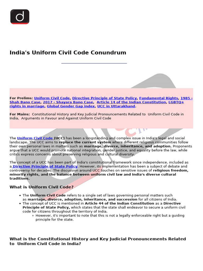 India's Uniform Civil Code Conundrum | PDF