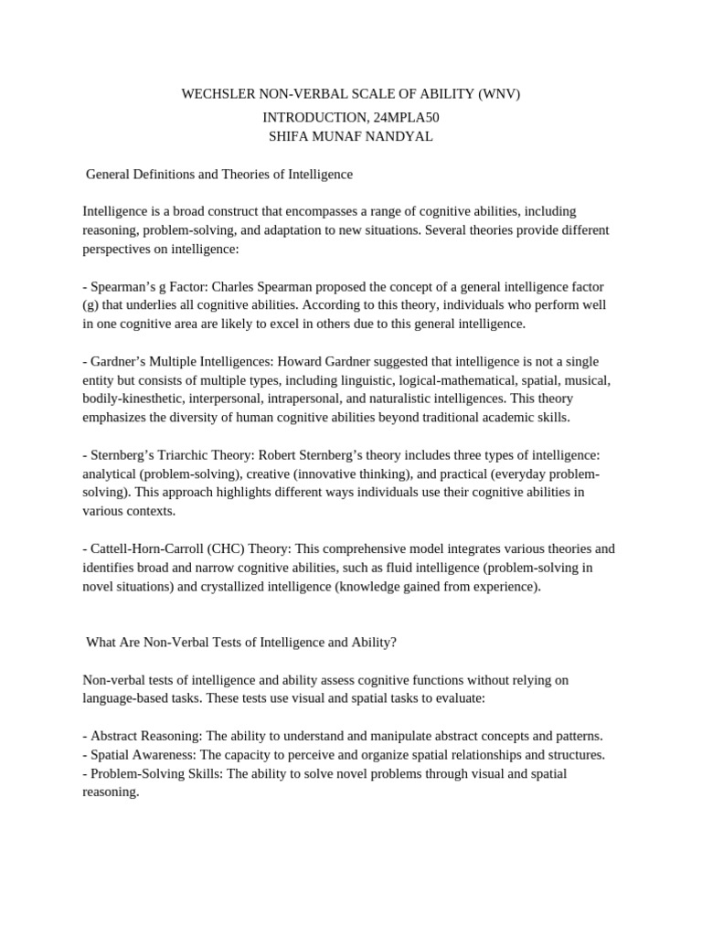 Wechsler Non-Verbal Scale of Ability (WNV) | PDF