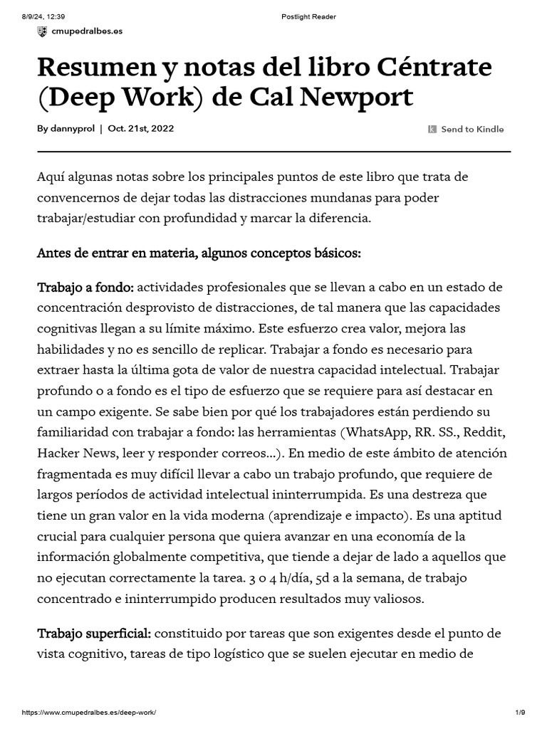 Resumen y Notas Del Libro Céntrate (Deep Work) de Cal Newport | PDF