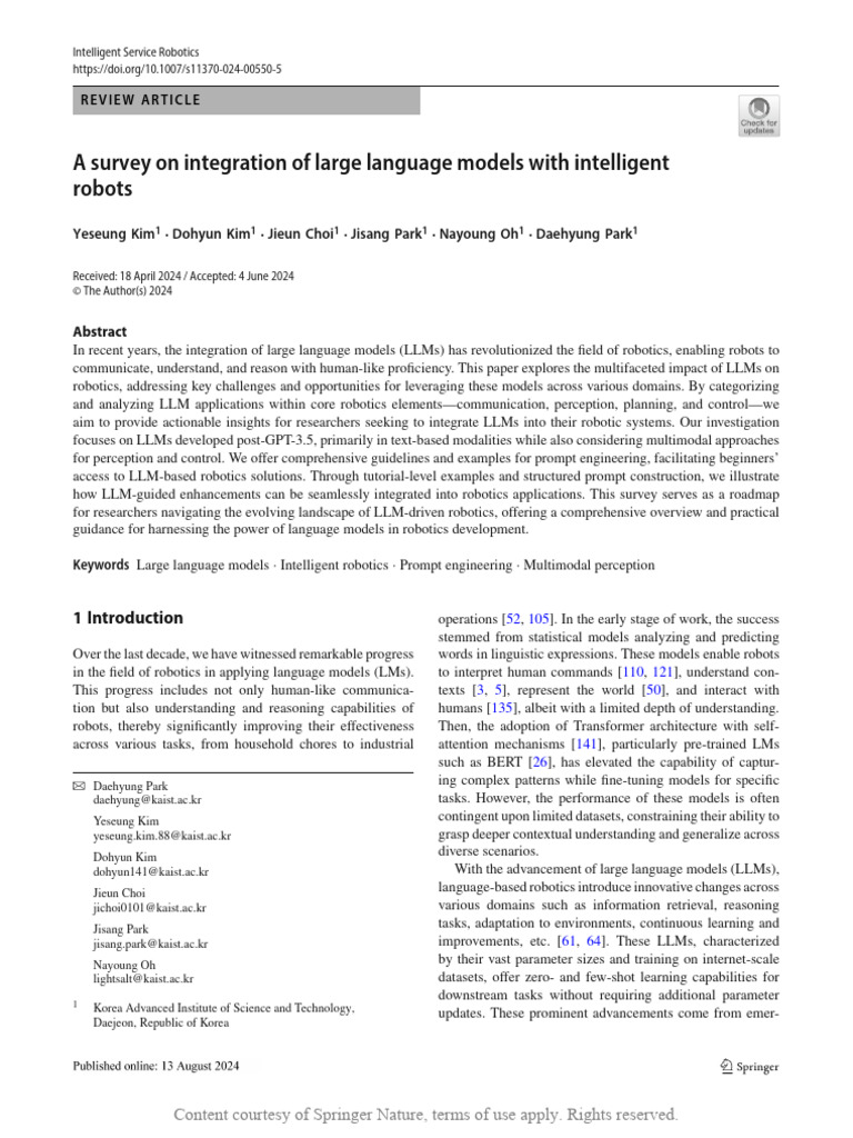 A Survey On Integration of Large Language Models With Intelligent Robots | PDF