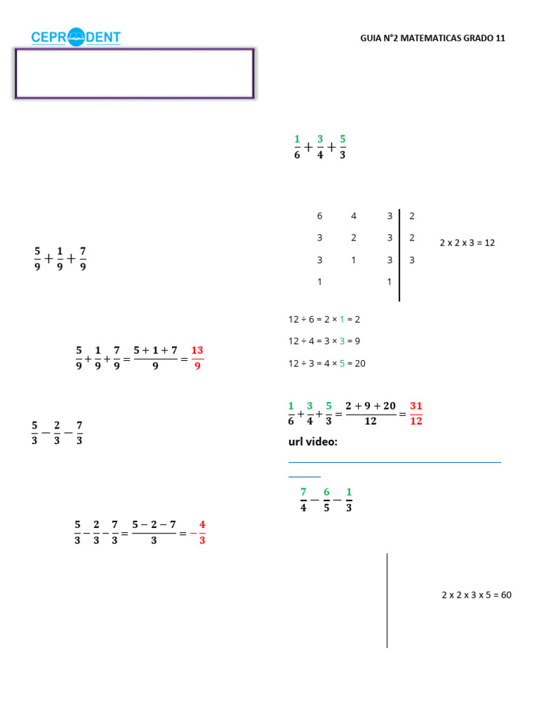 Guia 2 Suma, Resta, Multiplicacion y Division de Fracciones | PDF