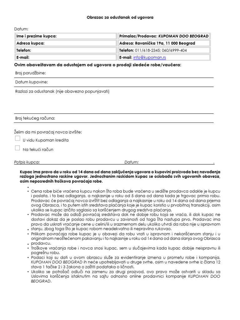 Kupoman Obrazac Za Odustanak Od Ugovora | PDF