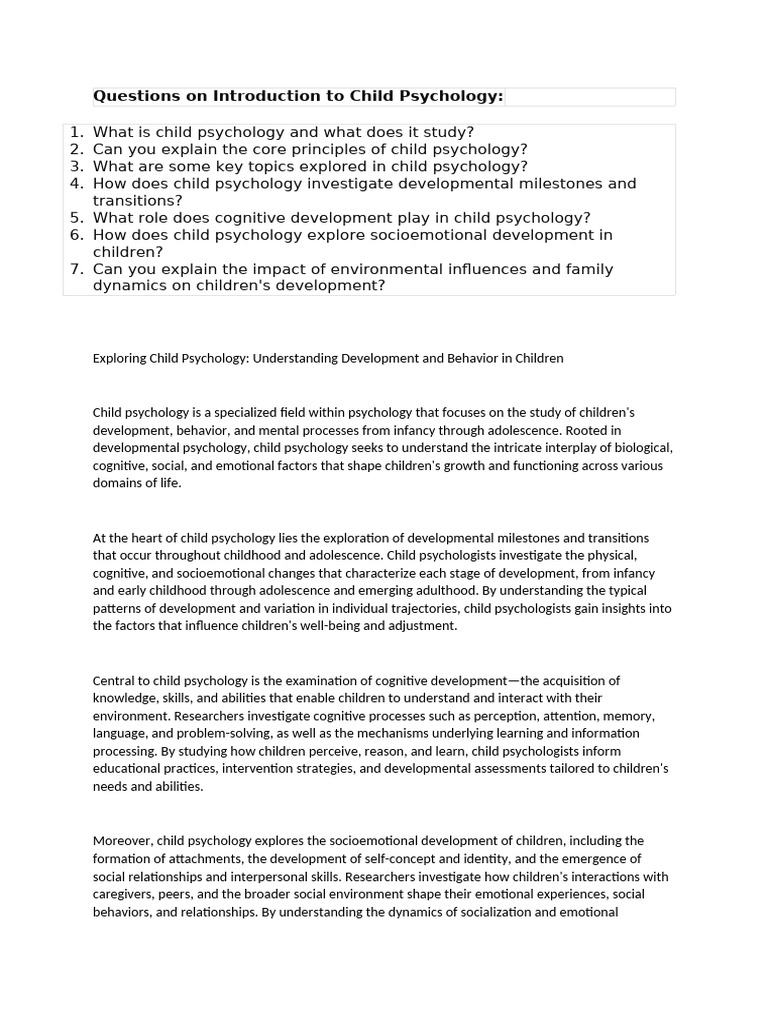 Introduction to Child Psychology | PDF | Developmental Psychology ...